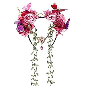 MOSTORY Purple Fairy Flower Crown - Elf Woodland Headpiece Floral Vine Headband Forest Hairband with Butterfly Fairy Costume for Women Renaissance Renfaire Party Cosplay Photo Shoot