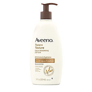 Aveeno Tone + Texture Daily Renewing Body Lotion With Prebiotic Oat, Gently Exfoliates & Hydrates Sensitive Skin, Clinically Proven to Help Bumpy, Rough Skin, Fragrance-Free, 18 Fl. Oz