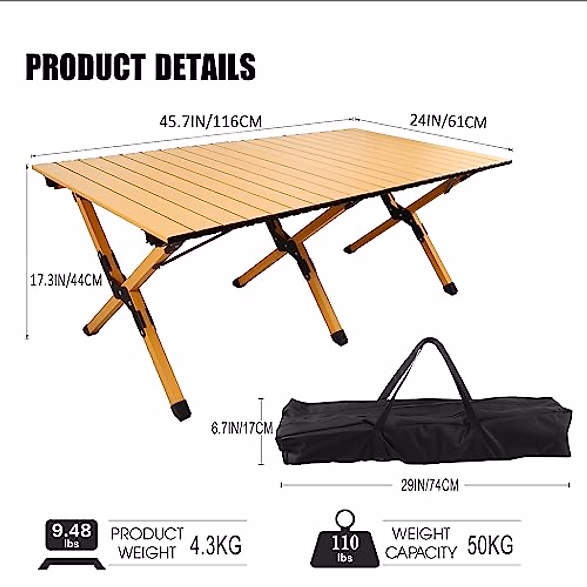 Rollingsurfer Folding Camping Table, Lightweight Roll-Up Table Aluminum Low Portable Picnic Table with Easy Carrying Bag for Outdoor, Beach, Picnic, Backyards, BBQ and Party, 45.7"L x 24"W x 17.3"H