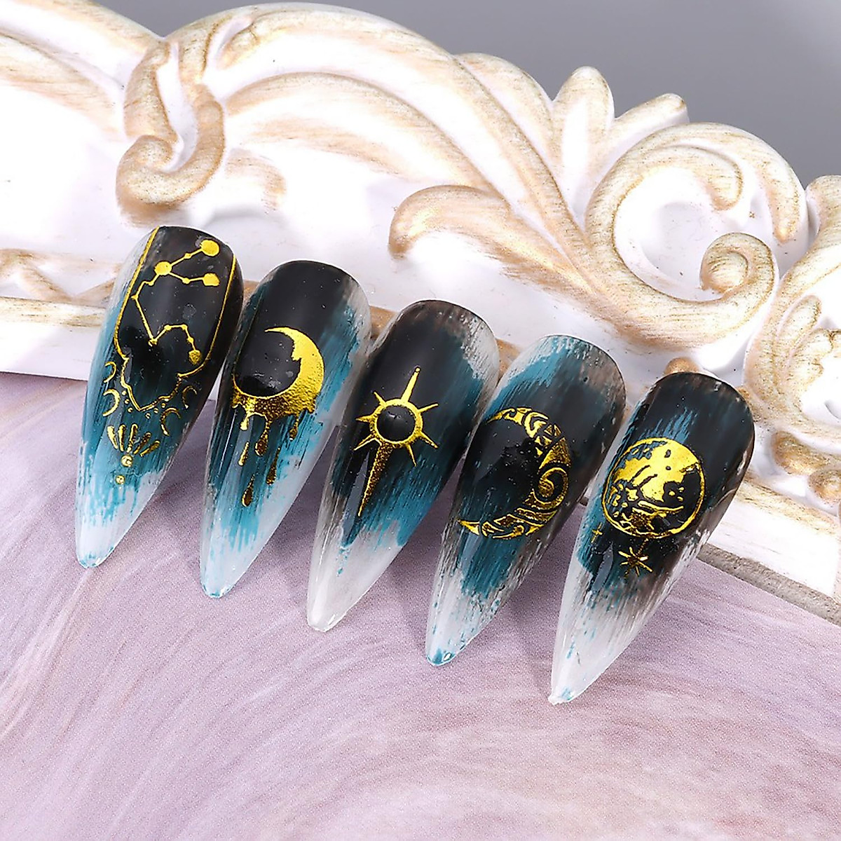 8 Sheets Gold Nail Sticker 3D Self-Adhesive Nail Decals Art Unique Moon Sun Stars White Cloud Snake Design Nail Art Sticker Decoration for Women Manicure Tips Acrylic Nails DIY Nails Art Supplies