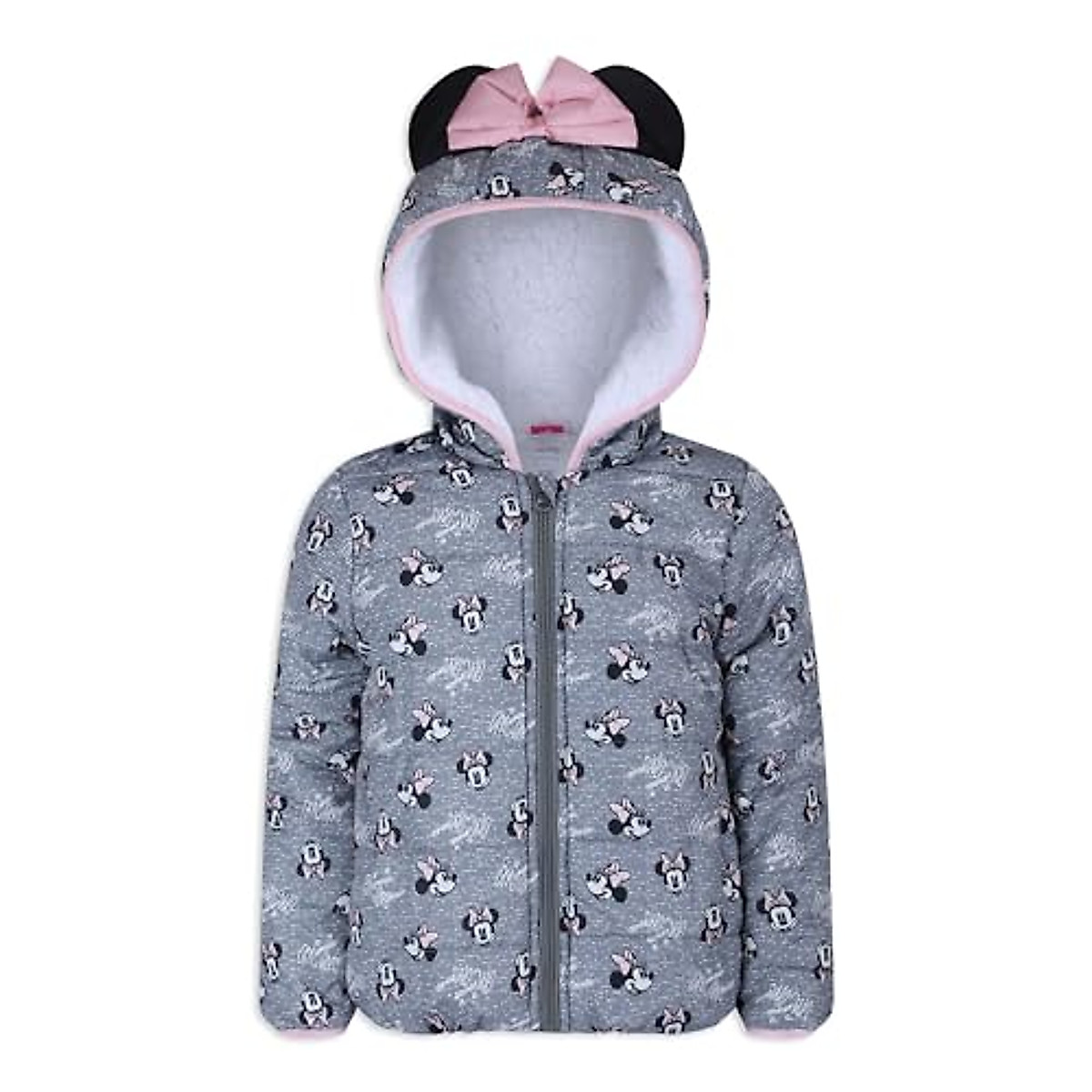 Disney Girl's Minnie Mouse Print Hooded Puffer Jacket with Ears and Pink Bow, Grey, Size 5