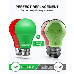 Red and Green Light Bulbs 【4 Pack 】, A19 LED Christmas Light Bulbs, 9W E26 Red Light Bulbs Green Light Bulbs 720LM Red Bulbs Green Bulb Outdoor for Halloween Christmas Lighting, Porch, Non-Dimmable