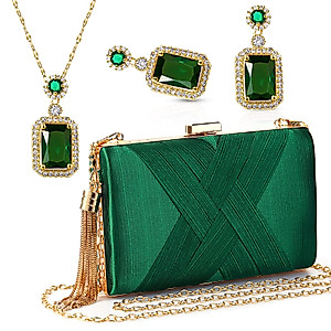 Jadive 3 Pcs Clutch Purses for Women Handbag Evening Purses Bag for Wedding Vintage Banquet Handbag Earrings Necklace Set(Emerald Green)