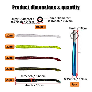CWSDXM Worm Soft Plastic Bait Kit 100PCS 4 inch Worms Fishing Lures 100PCS O-Rings and Wacky Rig Tool Fishing Worms for Bass