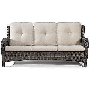Joyside Outdoor Patio Couch Wicker Sofa - 3 Seater Rattan Sofa for Outside Patio Garden with Deep Seating and Olefin Cushions(Mixed Grey/Beige)