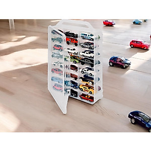 Double Sided Storage Case for 46 Hot Wheels, Matchbox Cars, Small Action Figures, Crafts; Portable Transparent Storage Case with 46 Compartments, Case Only (Transparent)