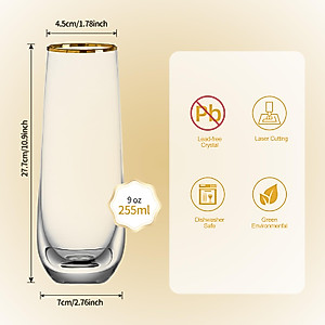 DORELINA Stemless Champagne Flutes Set of 4, Gold Rim Champagne Glasses, Best Gift