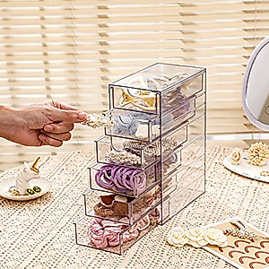 FABROK Clear Hair Accessory Organizer Box with 6 Drawers, Compact Storage Organization Drawers Set for Cosmetics, Glasses, Stationery, Stackable Storage Containers Box for Bathroom, Closet, Office