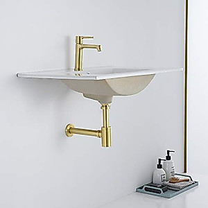 Miraga Bathroom Sink Stopper P-Trap Complete Set Adjustable 1-1/4 Sink Drain Kit Tube Solid Brass Bottle Trap w/Pop Up Drain Stopper Set, Overflow Version, Brushed Gold