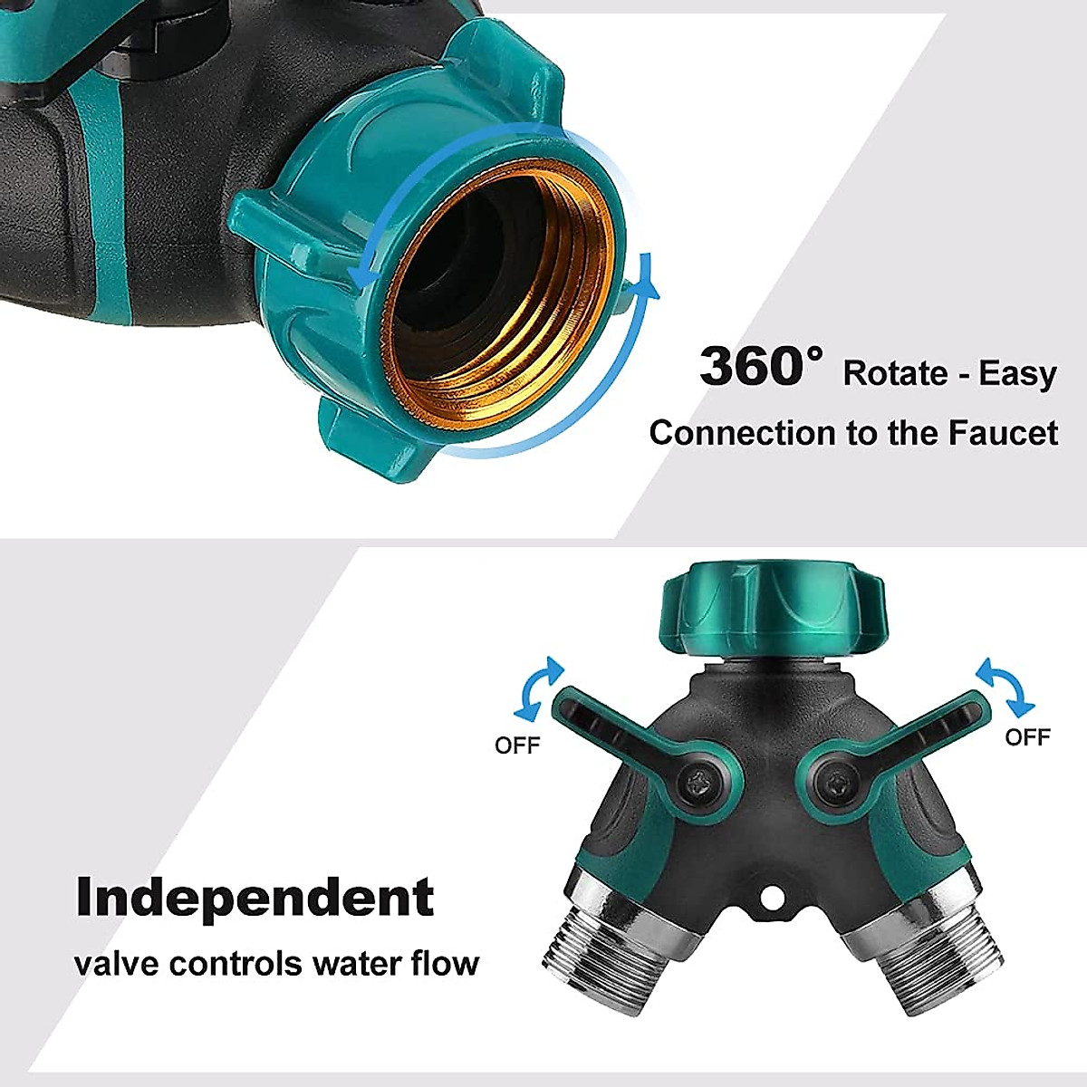 Water Splitter 2 Way Heavy Duty, 3/4" Garden Hose Splitter Y Way Connector 2 Valves Rubberized Grip with 2 Kink Free Faucet Extension Hose Protector 10 Rubber Washers
