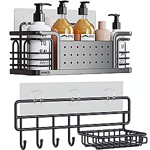 VNKZI Full Stainless Steel Adhesive Shower Caddy Shelf Organizer, No Drilling Rustproof Wall Stall Basket High Suction Shelves with Soap Sponge Holder, Bathroom Storage Rack