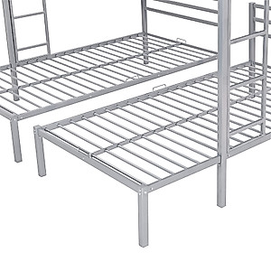 GLORHOME L Shaped Full Over Twin&Twin Triple Bed, Metal Bunk Bedframe with Built-in Shelf and 2 Ladders for 3 Kids Teens