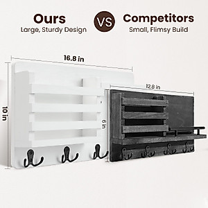 Nekon Mail Holder for Wall Mail Organizer with Key Hooks Hallway Farmhouse Decor Letter Sorter Made of Natural Wood with Floating Shelf and Flush Mount Hardware (16.8Inch x 10Inch x 3.2Inch)