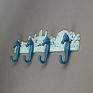 Zeckos Blue and White Cast Iron Seahorses Decorative Wall Hook Nautical Sea Life Hanging Towel or Coat Rack Beach Home Coastal Accent Decor 15.25 Inches Long