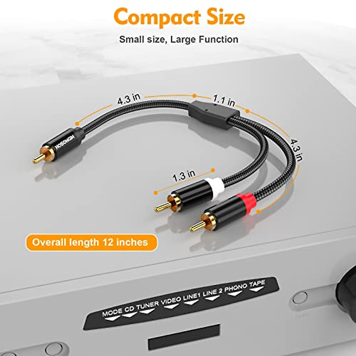 HOSONGIN RCA Y Splitter 1 Male to 2 Male Audio Cable 2 Pack, Black Cotton Braided Jacket Gold-Plated Plug Premium Shielded Audio Cable, Length 12 inch