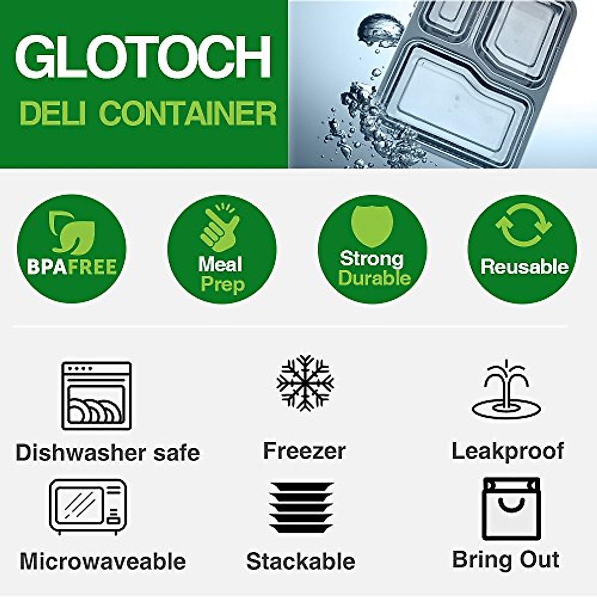 Glotoch 50Pack 34oz Meal Prep Container Microwave Safe,Disposable 3 Compartment Plastic Food Prep Containers with Lids for Food,Leftover BPA Free, Dishwasher Safe