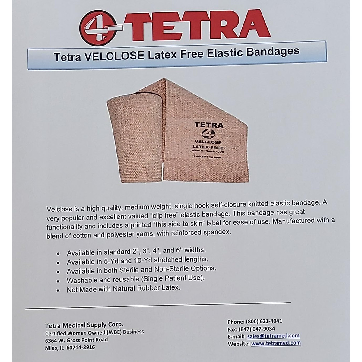 Tetra Elastic Bandage Velclose Single Clip Free Closure 3" x 5Yd (Stretched Length) Latex-Free, 10 per Box
