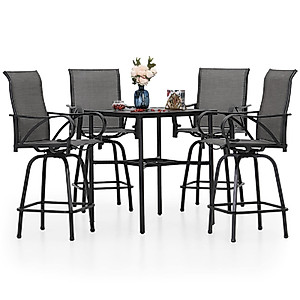 PHI VILLA 5 Piece Bar Height Patio Dining Set, Outdoor Table Chair Bar Set for 4 with Outdoor Swivel Bar Stool Chair and Large Metal Bar Table