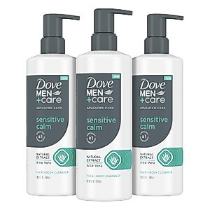 DOVE MEN + CARE Advanced Care Face + Body Cleanser Sensitive Calm 3 Count for Sensitive Skin Body Wash with Natural Extract Aloe Vera 16.9 oz