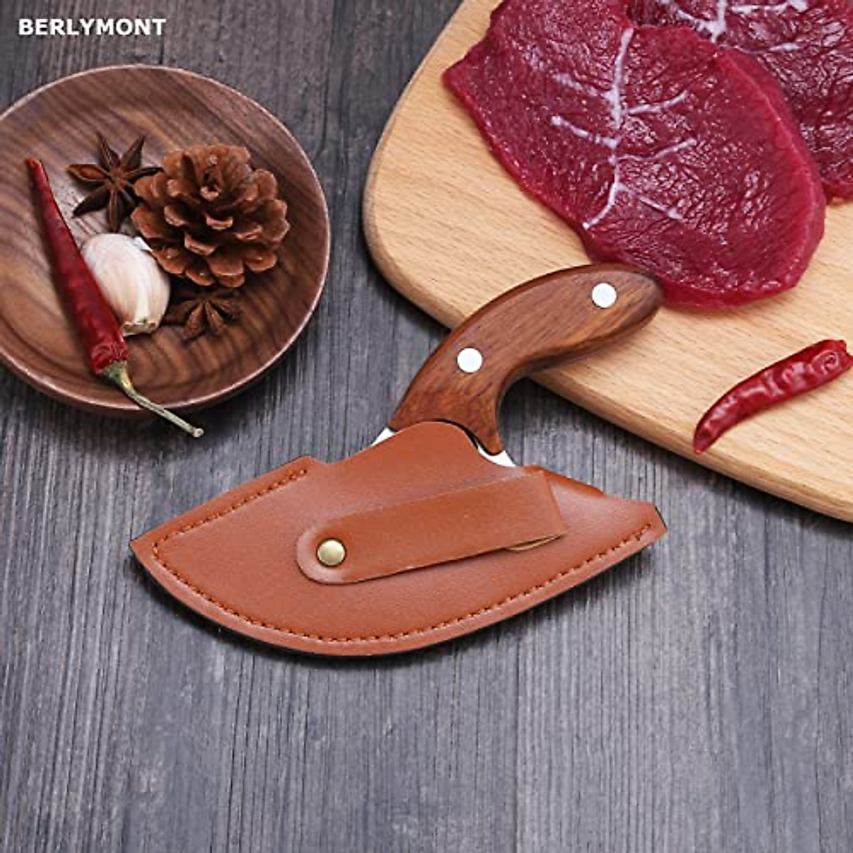 Viking Knife with Sheath Boning Knife Small Meat Knife Full Tang Butcher Knife Portable Outdoor Camping Knife with Bottle Opener & Sharpener Small Portable Knife Mini Cleaver Curved Knife for Camping