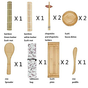 YULAO DA Sushi Making Kit and Sushi dinnerware set, 2 Bamboo Rolling Sushi Mats, 2 Sushi Plates, 2 Sauce Dishes, 2 Pairs of Chopsticks, 2 Chopsticks Rests, 1Tableware Bags, 1 Paddle and 1 Spreade...
