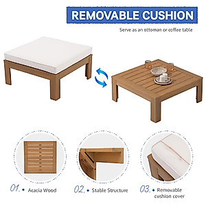 SUNSITT 4 Piece Acacia Wood Patio Furniture Outdoor Sectional Sofa Set with Adjustable Armrest, FSC Certified L-Shaped Patio Set w/2-in-1 Coffee Table, Cream White Cushions for Garden