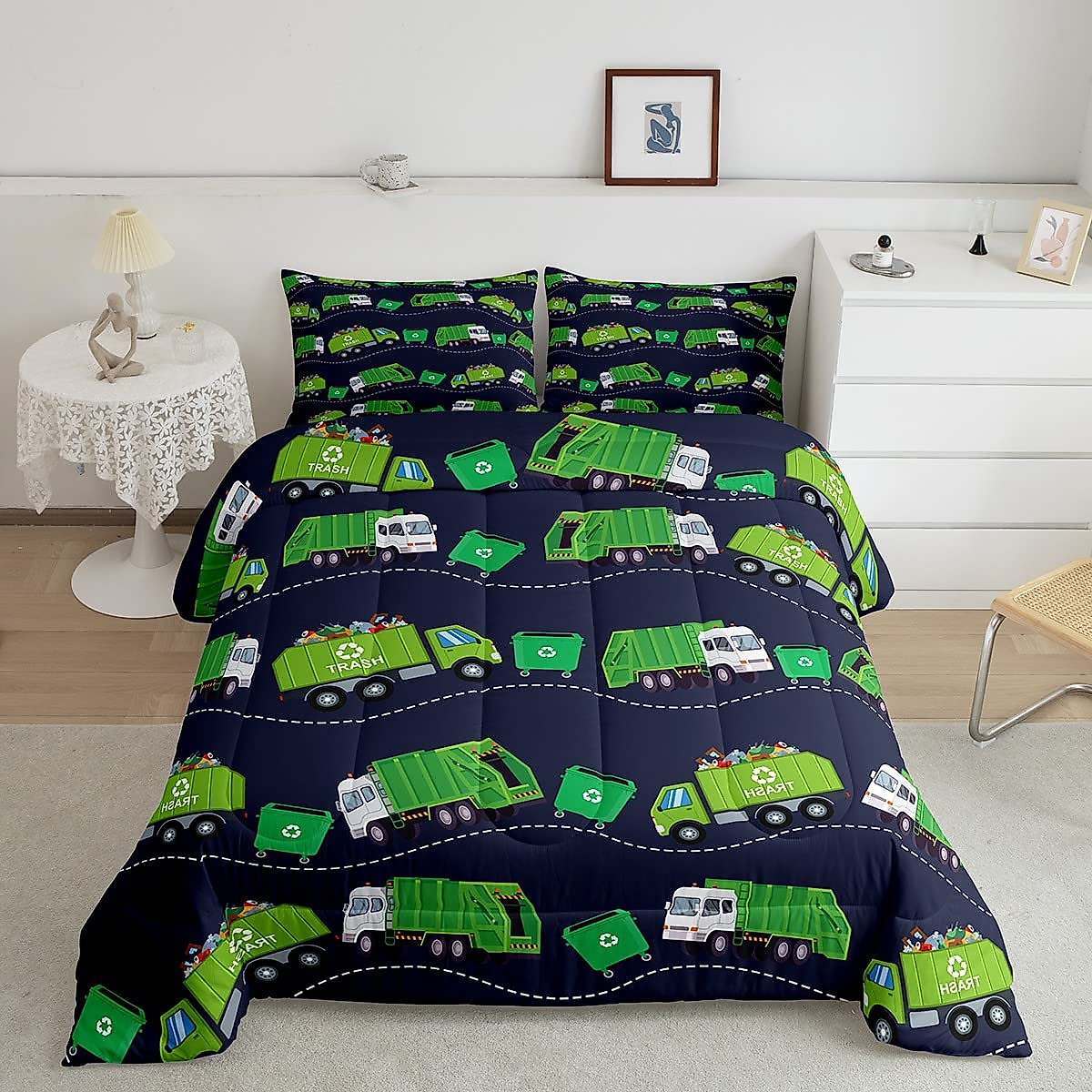 Feelyou Garbage Trucks Comforter Set Queen Size Kids Cartoon Car Comforter for Boys Teens Rubbish Car Bedding Set Vehicles Blue Green Duvet Set Room Decor Quilt Boys