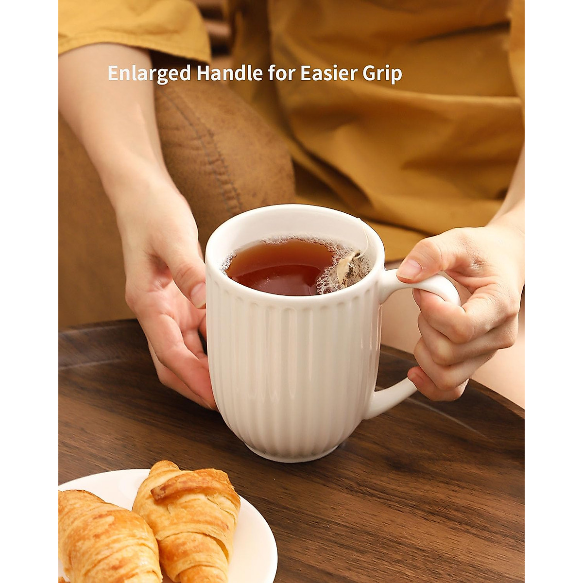 Hasense Ceramic Coffee Mug, 20 Oz Ceramic Coffee Cup with Handle, Modern Ribbed Design Tea Cup for Latte, Cocoa, Coffee, Thanksgiving, Christmas Gift, Dishwasher & Microwave Safe, White