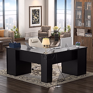 Unikito L Shaped Desk with Drawers, 60 Inch Office Desk with Power Outlet & USB Charging Port, Large Corner Computer Desk with File Cabinets, 2 Person Sturdy Executive Desk with Storage Cabinet, Black