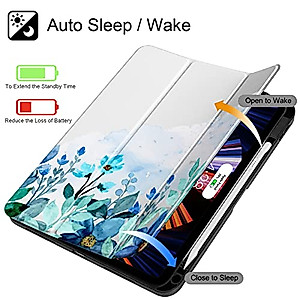 Lepeoac Designed for iPad Pro 12.9 Inch (2022/2021/2020/2018, 6th/5th/4th/3st Generation) with Transparent Shockproof Back Cover [Built-in Pencil Holder] Auto Sleep/Wake, Blue Flower