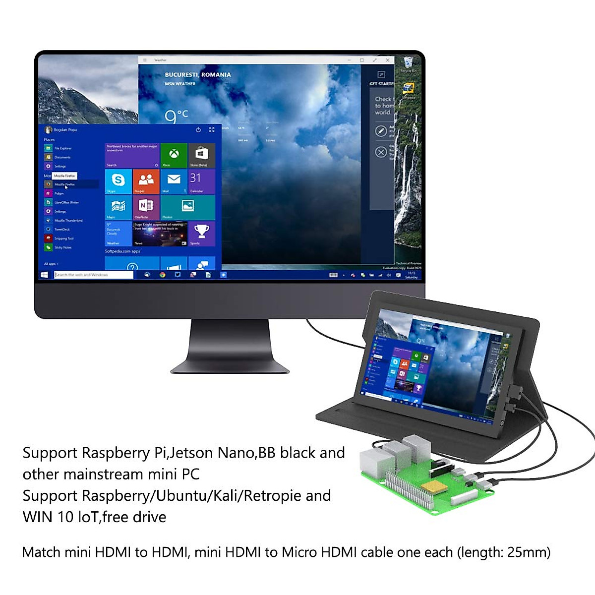 JUN-ELECTRON for Raspberry Pi 4 Portable Monitor 7.0 inch Screen - IPS Capacitive Display 1024x600, Second Screen with Laptop, Mini HDMI - Compatible with RPi, for PS4 etc, with Leather Holder Case