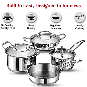 Vinod Classic Deluxe Stainless Steel Cookware Combo Set of 4 Pcs/Saucepan, Saucepot, Kadai and Frypan/Deep Kadhai for Cooking/Heavy Induction Bottom