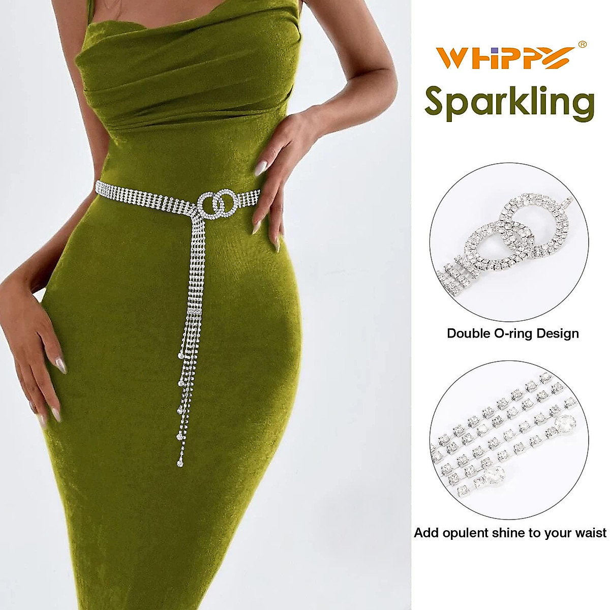 WHIPPY Women Rhinestone Belt Silver Shiny Diamond Fashion Crystal Ladies Double O-Ring Waist Belt for Dresses