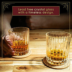 Aberdeen Oak Crystal Whiskey Glasses Set - Timeless Old Fashioned Liquor Glass with Coasters - Perfect for Bourbon & Cocktails, Ideal Gift for Men & Whisky Enthusiasts - 2 Piece Set