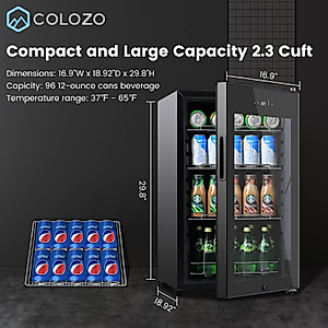 COLOZO 17 Inch Freestanding Beverage Refrigerator Cooler, 96 Cans Mini Fridge with Glass Door, Removable Shelves for Soda, Water, Beer or Wine, Small Drink Refrigerator for Home Office Bar