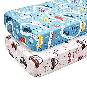 Cloele Fitted Crib Sheet - Baby Nursery Sheet 100% Polyester 2 Pack Cozy Bed Sheet Set for Standard Crib and Toddler Mattresses - Cartoon Car Nursery Bed Sheet Infant Baby Toddler Sheet for Baby