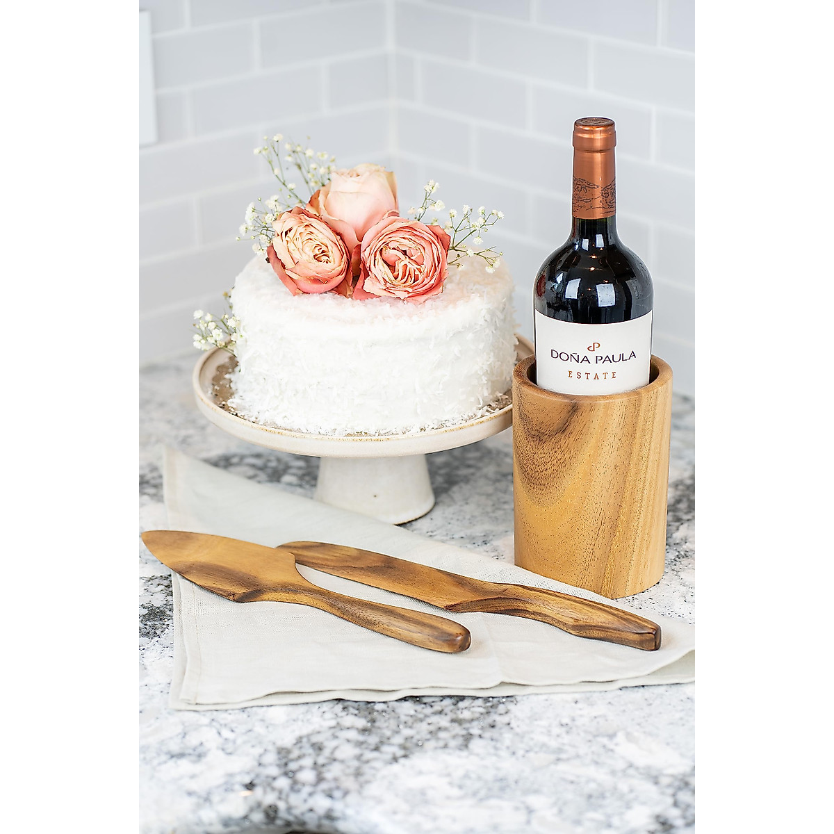 Teak Wood Cake Server and Knife Set - Cake Knife and Server Set - Cake Serving Set - Wooden Cake Server - Heavyweight & Light Toned with No Logo for Photoshoots, Wedding, Birthday, Gifts