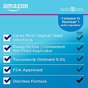 Amazon Basic Care Tioconazole Ointment 6.5 Percent, Vaginal Antifungal, 1-Dose Treatment, Vaginal Yeast Infection Treatment For Women, Feminine Care, 0.16 ounce (Pack of 1)