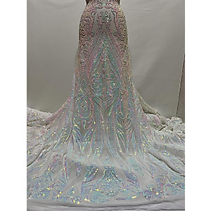 White Iridescent Geometric Stretch Sequin Fabric by The Yard | 4 Way Stretch Fabric Spandex Lace Fabric | White Stretch Mesh Embroidery with 3mm Sequin | White Iridesecent Sequin Fabric-Per Yard