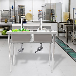 RustyVioum Stainless Steel Sink, 2 Compartment Free Standing Utility Sink, Commercial Sink for Garage Restaurant Kitchen Laundry Room Outdoor, (35.8" W x 21.3" D x 40" H, Silver)