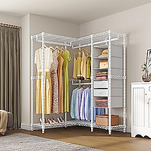VIPEK L6E Garment Rack for Hanging Clothes Heavy Duty Clothes Rack with Shelves, L Shaped Clothing Rack Portable Corner Closet Metal Freestanding Wardrobe with Drawers, Max Load 715 LBS, White