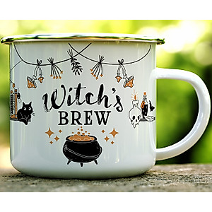 Halloween Fall Autumn Season Enamel Campfire Mug, Witch's Brew Outdoor Camping Coffee Cup, Gift for Friend, Mom, Sister, Coworker (16oz)