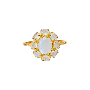 YoTreasure 7x9 MM Rainbow Moonstone & White Topaz 14k Gold Over 925 Silver Ring