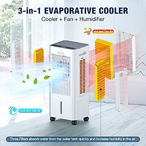 Grelife Air Cooler,3-IN-1 Portable Evaporative Air Cooler Cooling Fan with 4 Ice Packs,12H Timer,1.58 Gallons,Remote Control,3 Modes,3 Speeds,Personal Swamp Cooler for Bedroom, Home, Office, white