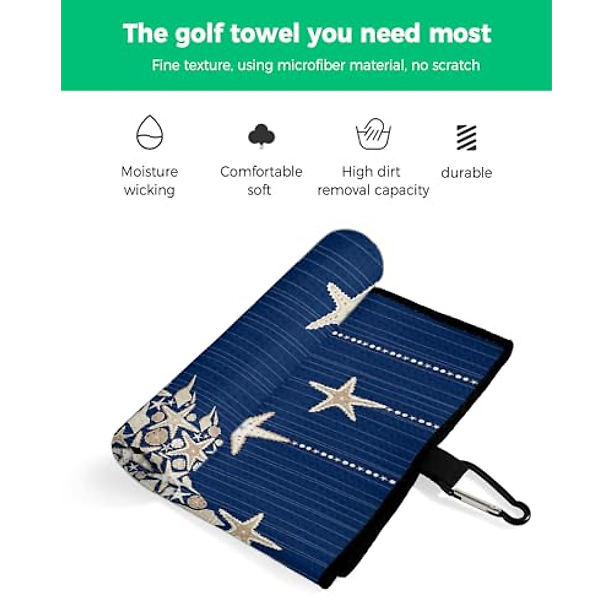 Golf Towel Christmas Summer Starfish Conch Xmas Tree,Waffle Pattern Microfiber Club Cleaner Golf Towels with Carabiner Clip for Women Men Dad,Navy Blue Stripe Golf Towel for Golf Bags,24x16in