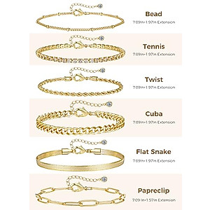 6Pcs Gold Chain Bracelet Sets for Women, 14K Gold Plated Bracelets for Girls, Jewelry Bracelets Set for Gifts, Cuba Paperclip Link Bracelets Set, Adjustable Bracelets with Rhinestone Pendant, 7.09'' and 1.9'' Extension