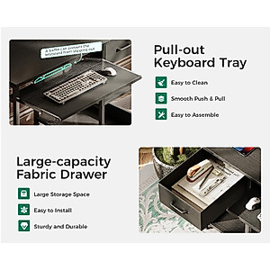 AODK Small Computer Desk with Keyboard Tray, 40 Inch Gaming Desk with Power Outlet, Office Desk with Drawer, Reversible Desk with Adjustable Monitor Shelf and Storage Shelf for Home Office, Black