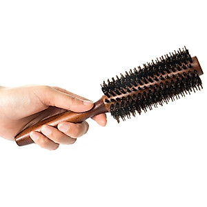 Boar Bristle Round Hair Brush Set with Nylon Pin, Wooden Handle for Straightening Curling Volumizing and Detangling (2 in 1)