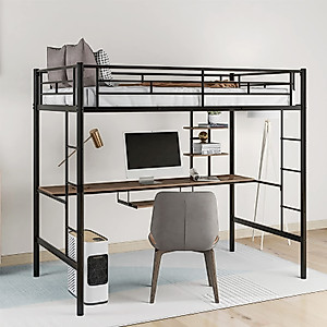Metal Loft Bed Studio Loft Bunk Bed Over Desk and Bookcase with 2 Ladders and Keyboard Tray,Twin Loft Bed for Dorm, Boys & Girls Teens Kids, Black