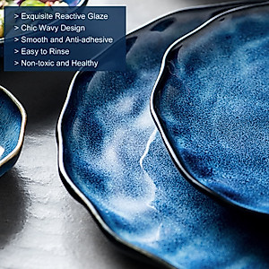 Ceramic Bowls Set for Pasta, Salad, Cereal, Dessert - 8 Inch Wide and Shallow Soup Plates, Serving Dishes Set of 4 Microwave, Dishwasher Safe, Blue